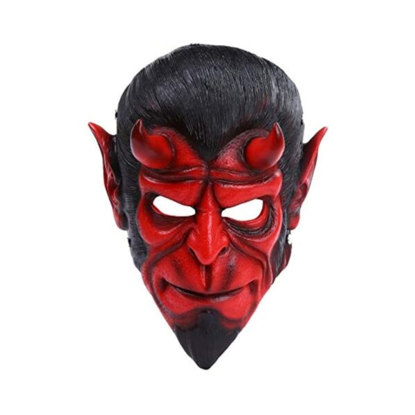 CARNIVAL PLASTIC RED DEVIL MASK WITH HORNS & HAIR 80665 - Koureas Toys